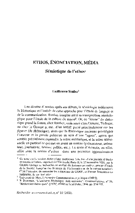 (PDF) Ethos, médiation, média. Sémiotique de l’ethos