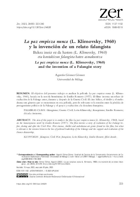 (PDF) [Artículo] La paz empieza nunca (L. Klimovsky, 1960) y la invención de un relato falangista