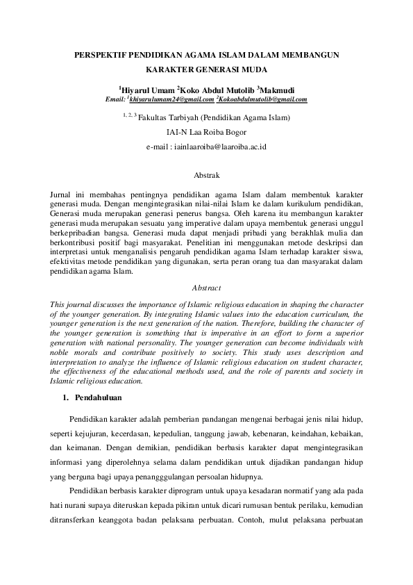(PDF) PERSPEKTIF PENDIDIKAN AGAMA ISLAM DALAM MEMBANGUN KARAKTER GENERASI MUDA
