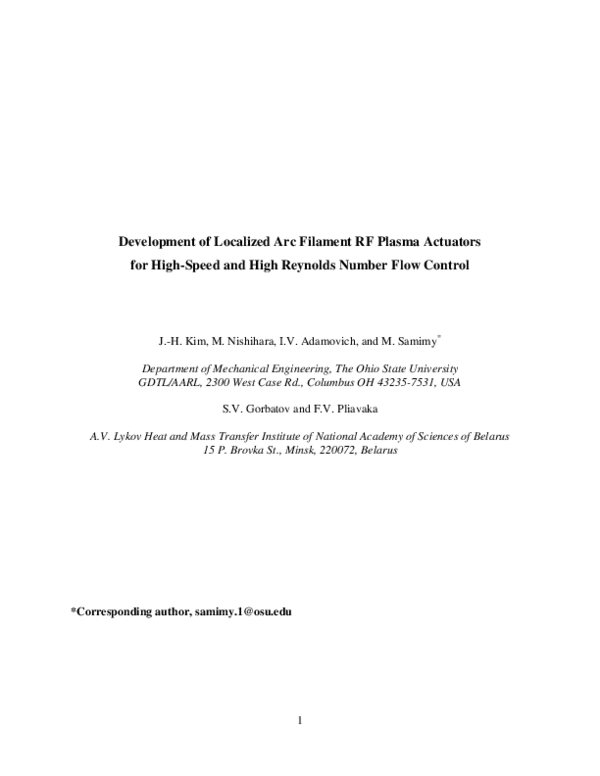 (PDF) Development of localized arc filament RF plasma actuators for high-speed and high Reynolds ...