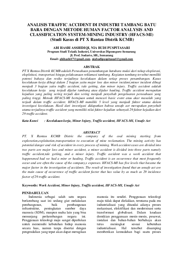 (PDF) ANALISIS TRAFFIC ACCIDENT DI INDUSTRI TAMBANG BATU BARA DENGAN METODE HUMAN FACTOR ...