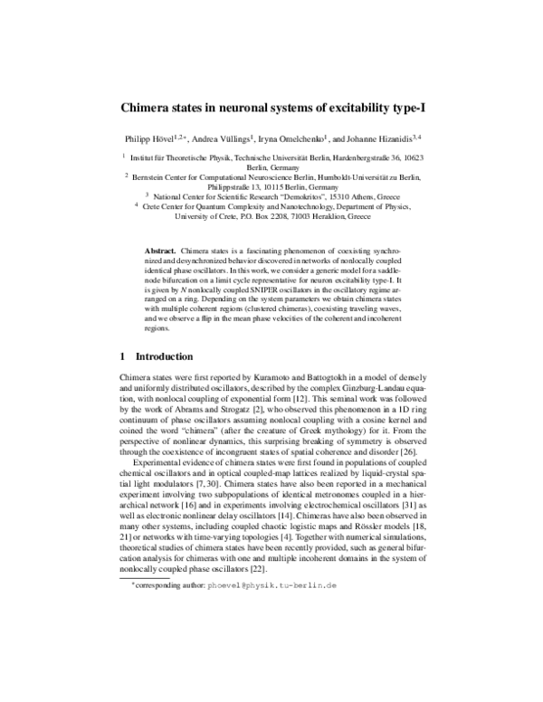 (PDF) Chimera States in Neuronal Systems of Excitability Type-I