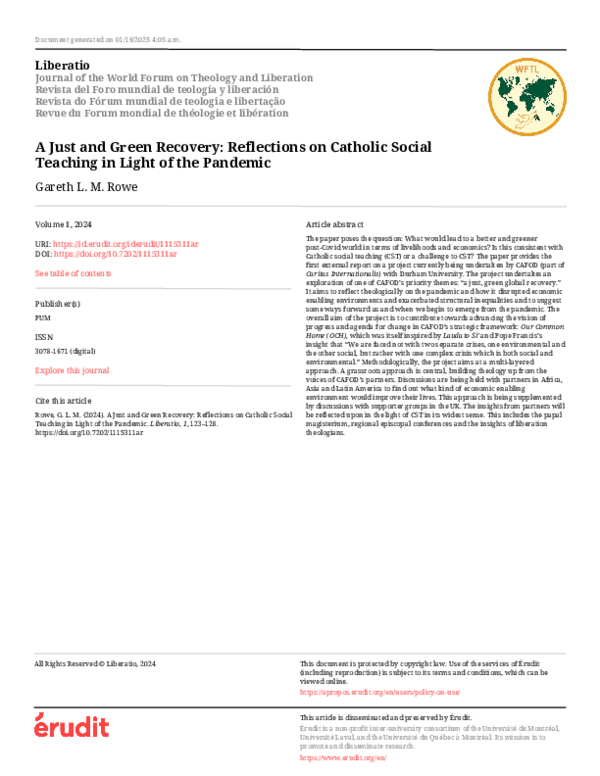 (PDF) A Just and Green Recovery: Reflections on Catholic Social ...