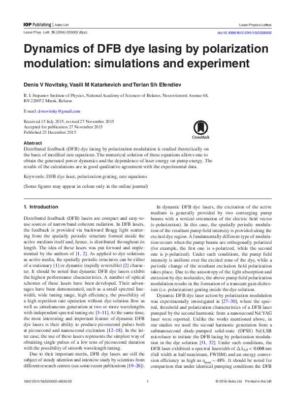 (PDF) Dynamics of DFB dye lasing by polarization modulation: simulations and experiment
