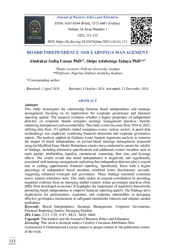 (PDF) Board Independence and Earnings Management