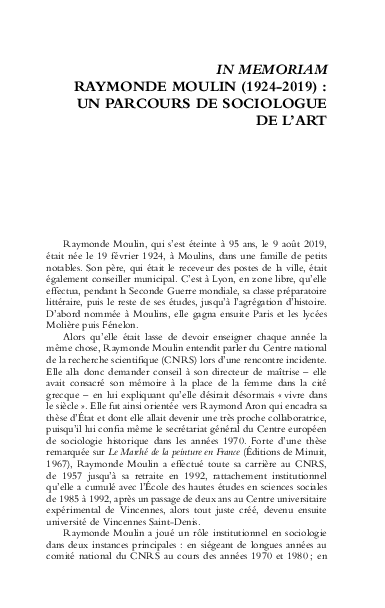 (PDF) In memoriam. Raymonde Moulin (1924-2019) : un parcours de ...