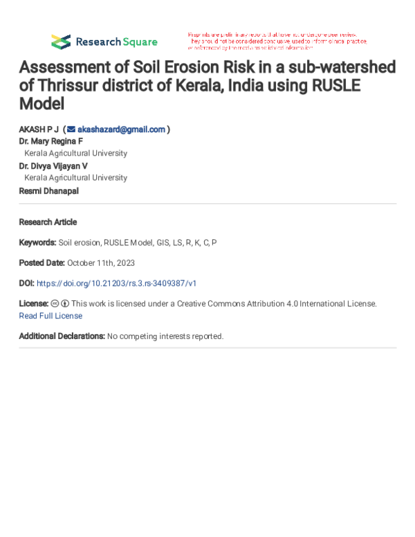 (PDF) Assessment of Soil Erosion Risk in a sub-watershed of Thrissur district of Kerala, India ...