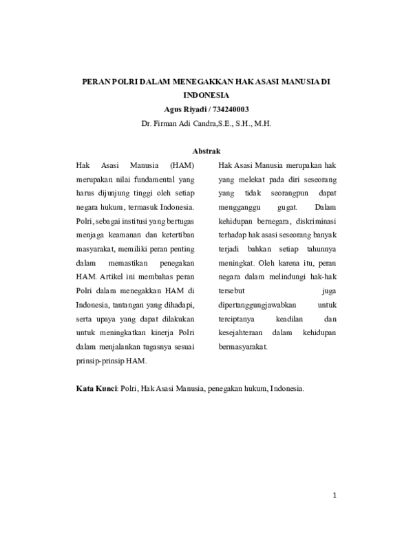 (PDF) PERAN POLRI DALAM MENEGAKKAN HAK ASASI MANUSIA DI INDONESIA