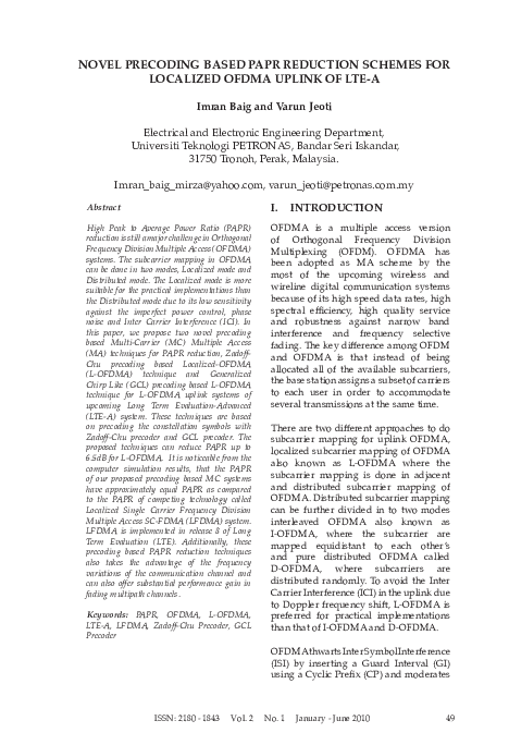 Pdf Novel Precoding Based Papr Reduction Schemes For Localized Ofdma Uplink Of Lte A