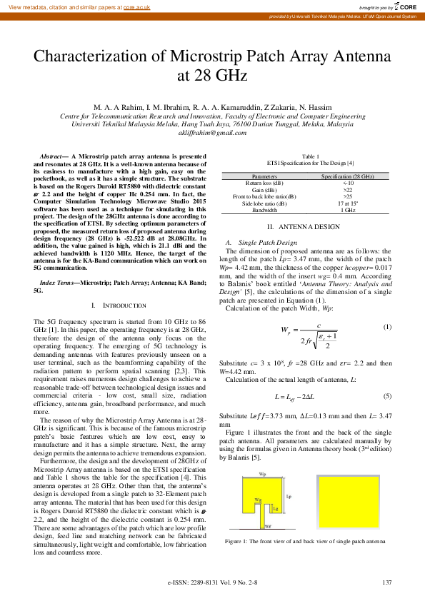 (PDF) 28 GHz Microstrip Patch Array Antenna Design