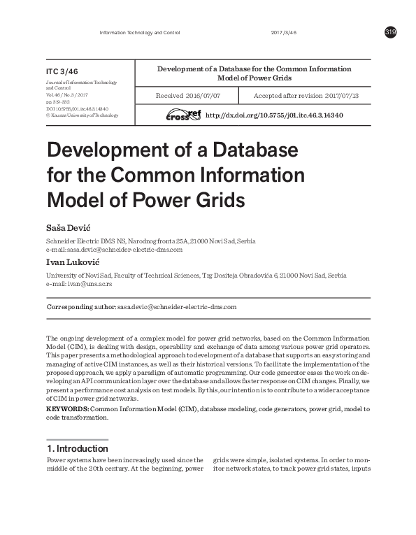 (PDF) Development of a Database for the Common Information Model of Power Grids