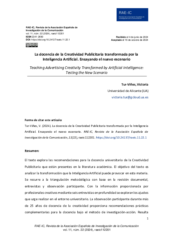 (PDF) [Artículo] La docencia de la Creatividad Publicitaria transformada por la Inteligencia ...