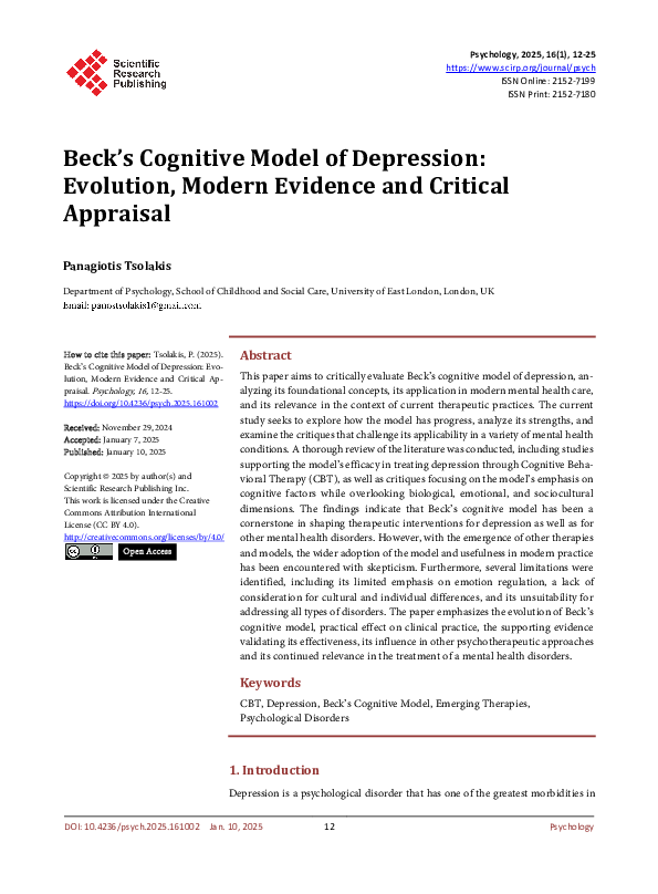 (PDF) Beck’s Cognitive Model of Depression: Evolution, Modern Evidence ...