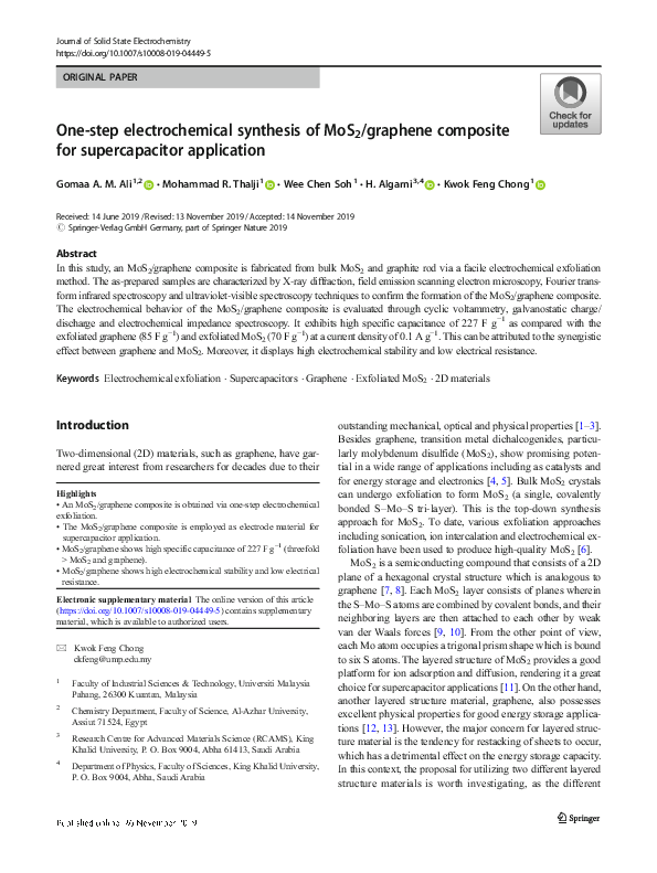 (PDF) One-step electrochemical synthesis of MoS2/graphene composite for supercapacitor application