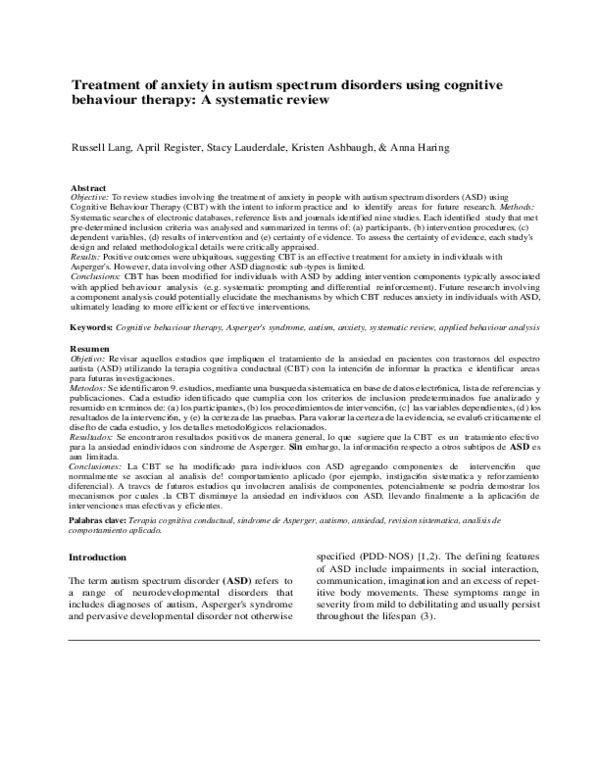 (PDF) Treatment of anxiety in autism spectrum disorders using cognitive ...