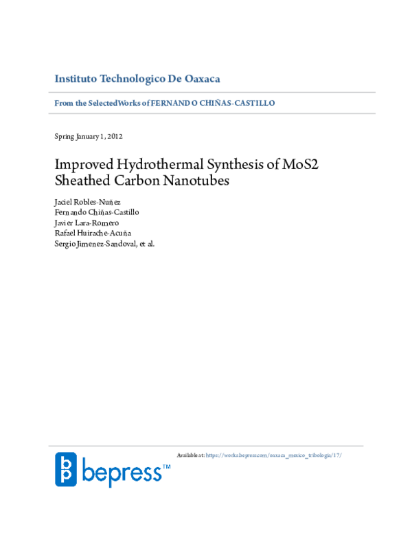 (PDF) Improved hydrothermal synthesis of MoS2 sheathed carbon nanotubes