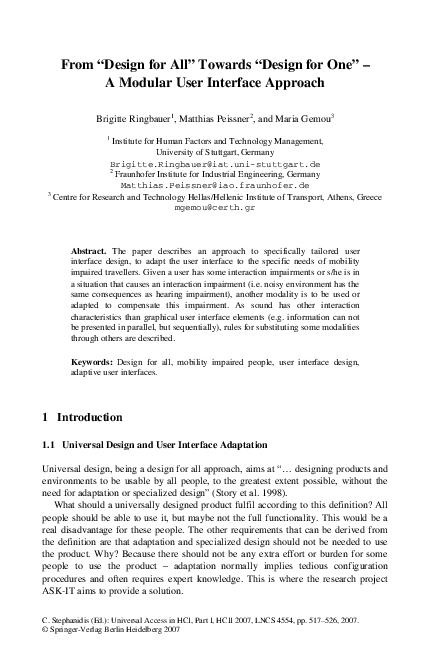 (PDF) From “Design for All” Towards “Design for One” – A Modular User Interface Approach