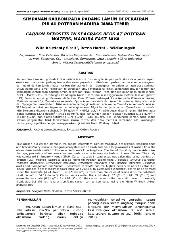 (PDF) Simpanan Karbon pada Padang Lamun di Perairan Pulau Poteran ...