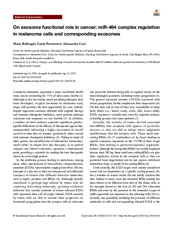 (PDF) On exosome functional role in cancer: miR-494 complex regulation ...