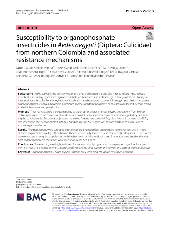 (PDF) Susceptibility to organophosphate insecticides in Aedes aegypti from northern Colombia