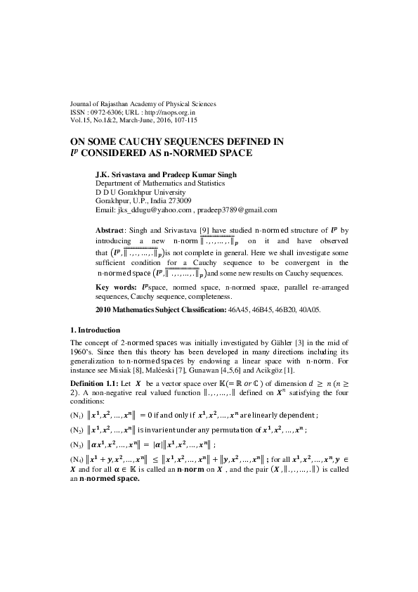 (PDF) ON SOME CAUCHY SEQUENCES DEFINED IN 𝒍𝒑 CONSIDERED AS n-NORMED SPACE
