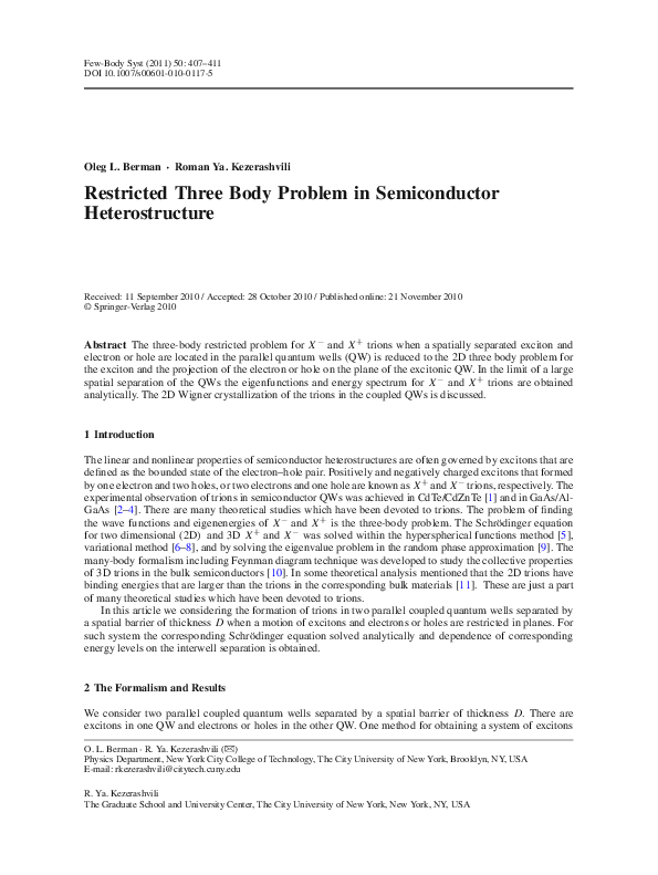 (PDF) Restricted Three Body Problem in Semiconductor Heterostructure