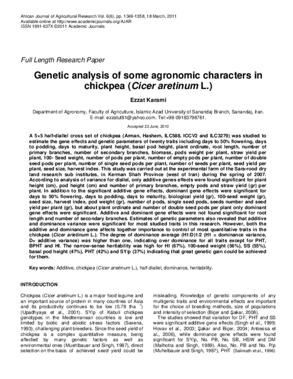 (PDF) Genetic analysis of some agronomic characters in chickpea ( Cicer aretinum L.)