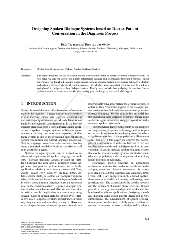 (PDF) Designing Spoken Dialogue Systems based on Doctor-Patient Conversation in the Diagnosis ...