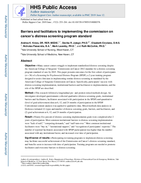 (PDF) Barriers and facilitators to implementing the commission on cancer's distress screening ...