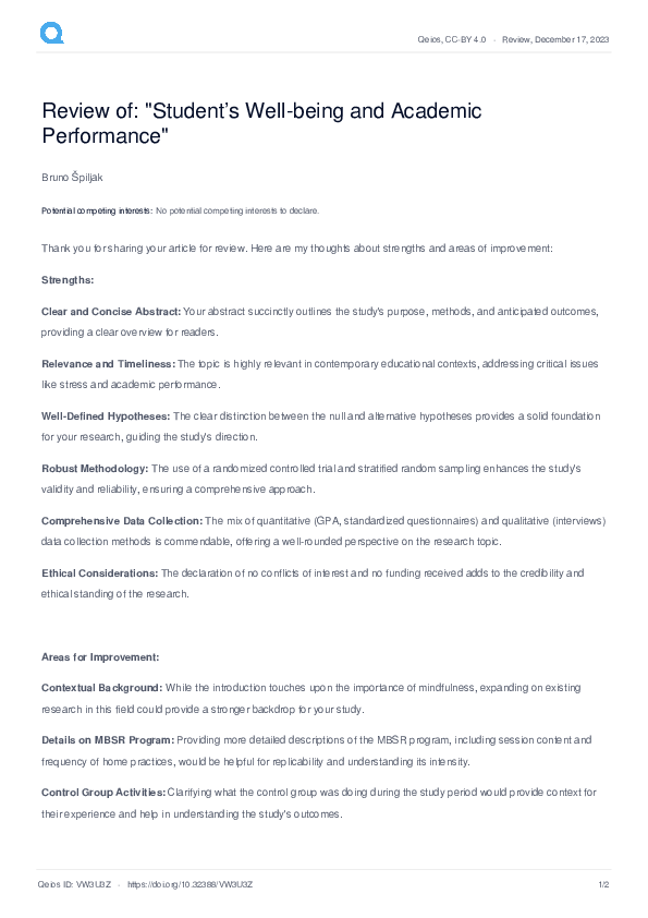 (PDF) Review of: "Student’s Well-being and Academic Performance