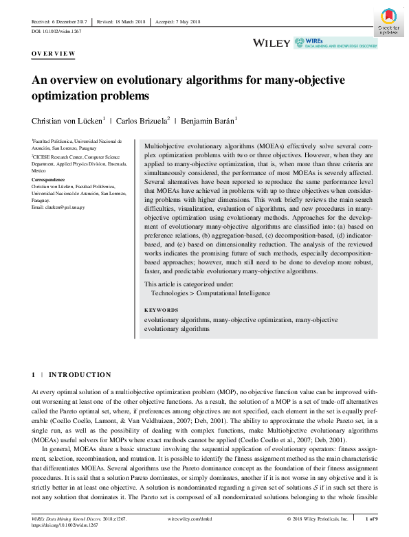 (PDF) An overview on evolutionary algorithms for many‐objective optimization problems