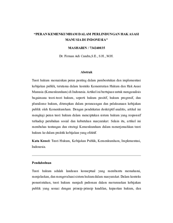 (PDF) Implementasi Teori Hukum dalam Kebijakan Publik oleh Kemenkumham