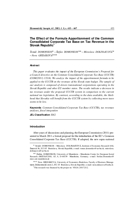 (PDF) The effect of the formula apportionment of the Common ...