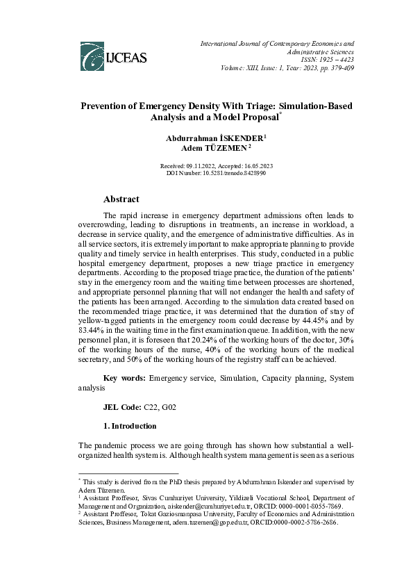 (PDF) Prevention of Emergency Density With Triage: Simulation-Based Analysis and a Model Proposal