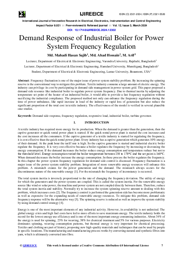 (PDF) Demand Response of Industrial Boiler for Power System Frequency Regulation