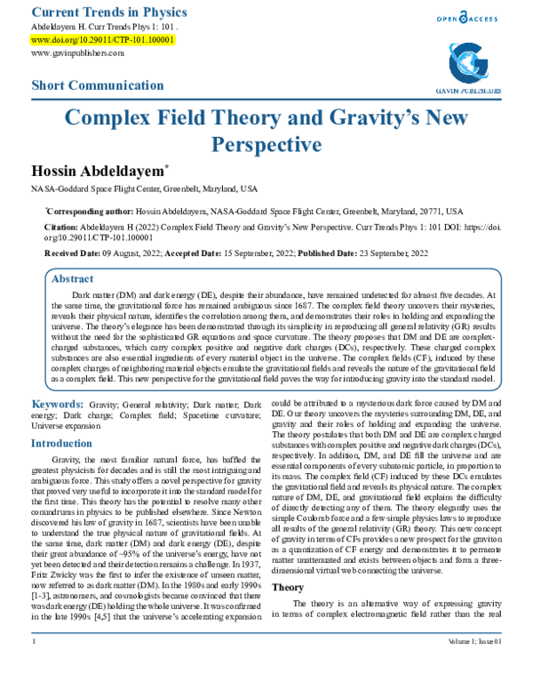 (PDF) Complex Field Theory and Gravity’s New PerspectivePaper#