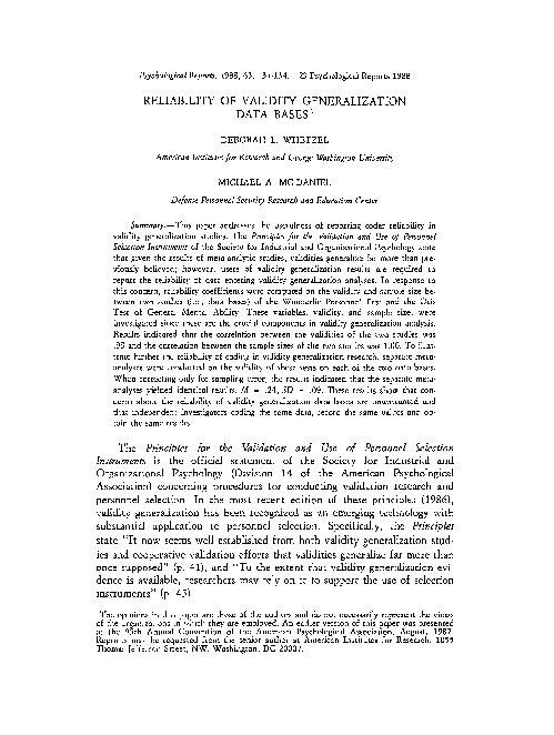 (PDF) Reliability of Validity Generalization Data Bases