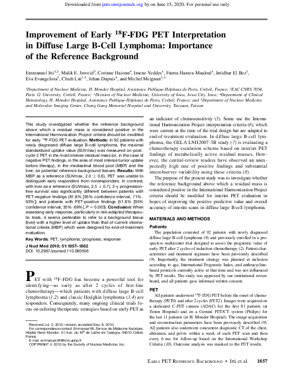 (PDF) Improvement of Early 18F-FDG PET Interpretation in Diffuse Large B-Cell Lymphoma ...