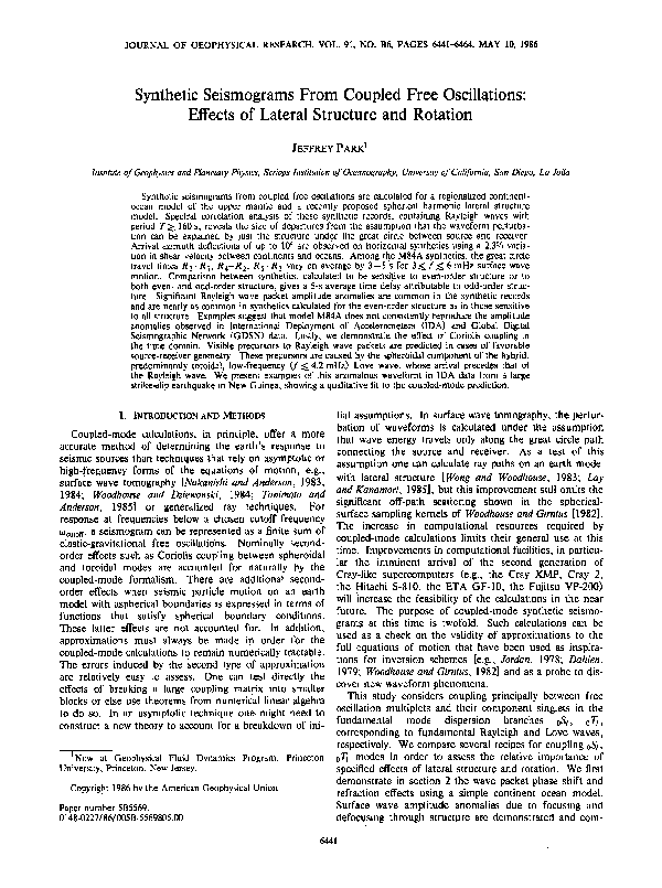 (PDF) Synthetic seismograms from coupled free oscillations: Effects of lateral structure and ...