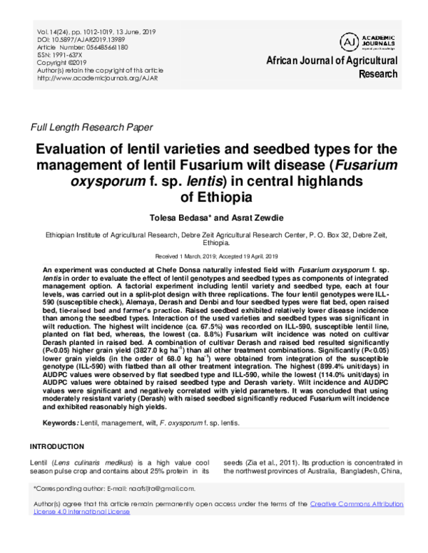 (PDF) Evaluation of lentil varieties and seedbed types for the ...