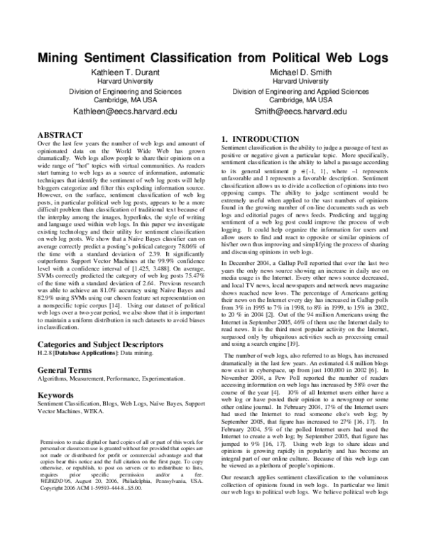 (PDF) Mining sentiment classification from political web logs