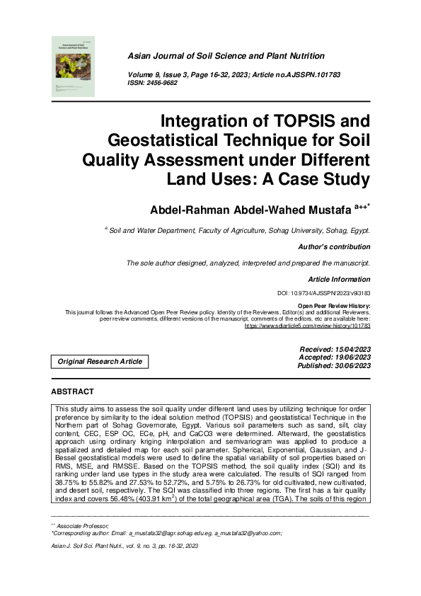 (PDF) Integration of TOPSIS and Geostatistical Technique for Soil Quality Assessment under ...