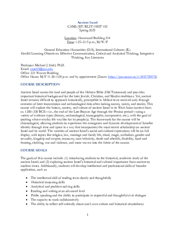 (PDF) Ancient Israel (CAMS/JST/RLST/HIST 102) Syllabus