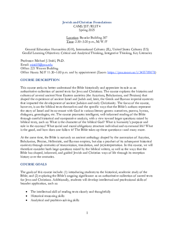 (PDF) Jewish and Christian Foundations (CAMS/JST/RLST 4) Syllabus