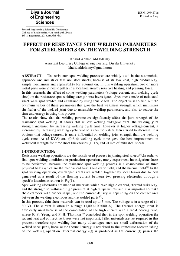 (PDF) EFFECT OF RESISTANCE SPOT WELDING PARAMETERS FOR STEEL SHEETS ON THE WELDING STRENGTH