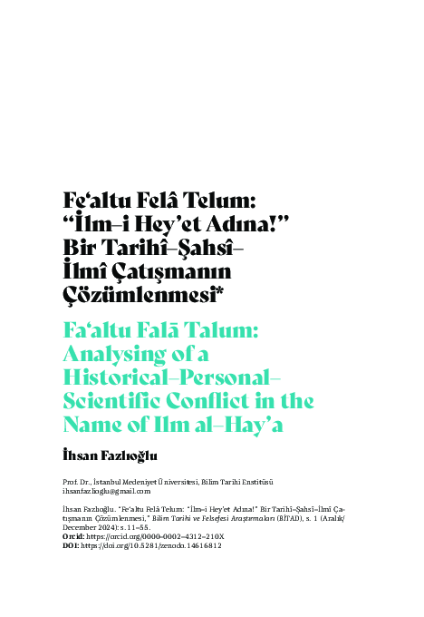 (PDF) “Fe‘altu Felâ Telum: “İlm–i Hey’et Adına!” Bir Tarihî–Şahsî–İlmî ...