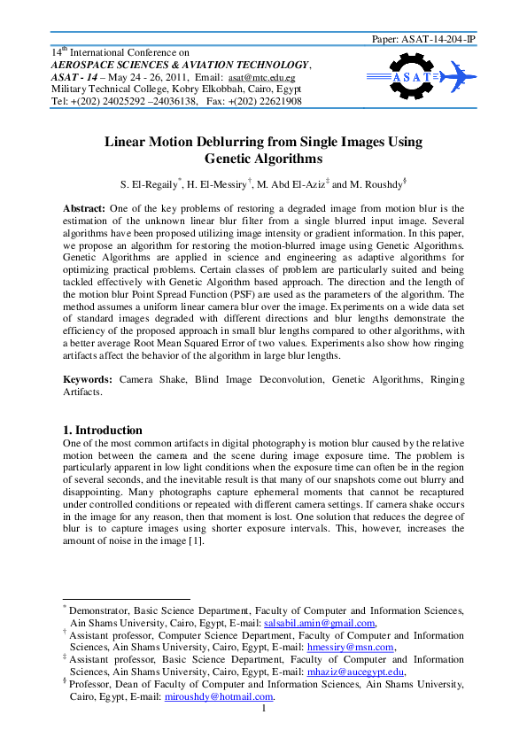 (PDF) Linear Motion Deblurring from Single Images Using Genetic Algorithms