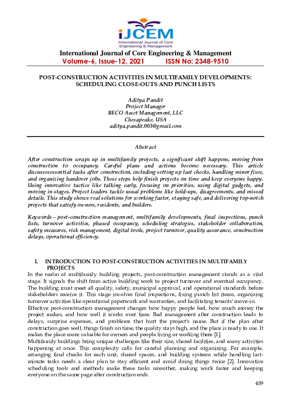 (PDF) Post Construction Activities in Multifamily Developments ...