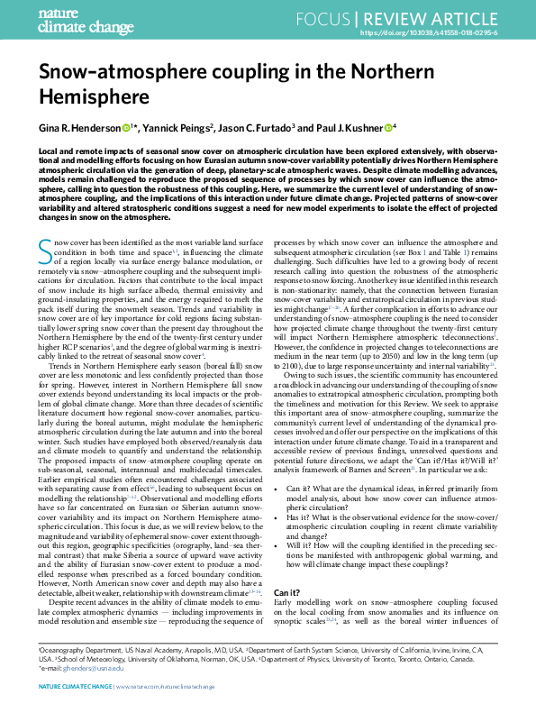 (PDF) Snow–atmosphere coupling in the Northern Hemisphere