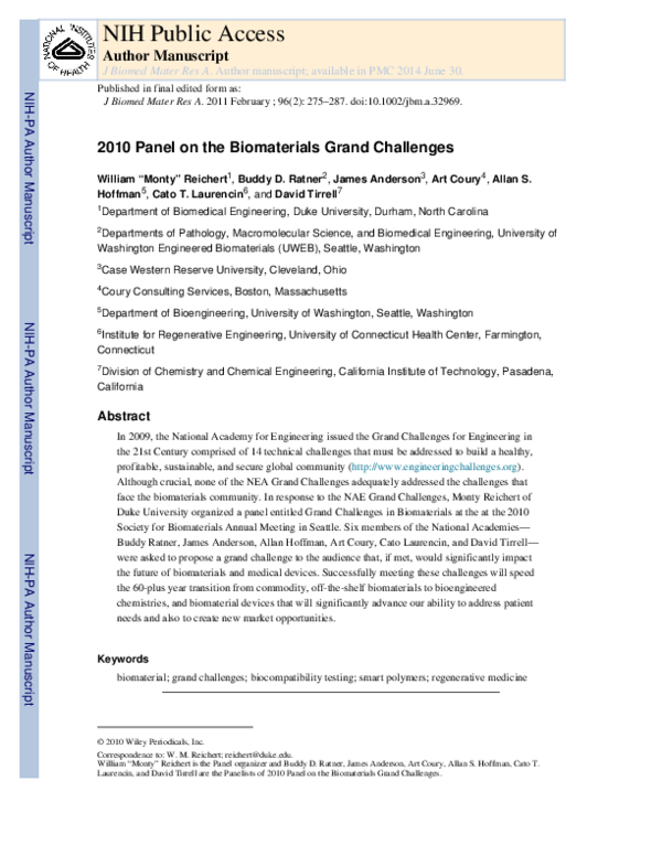 (PDF) 2010 Panel on the Biomaterials Grand Challenges